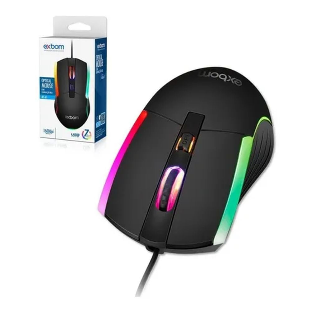 Mouse Óptico c/ Iluminação RGB 1600dpi Preto MS-61 - Exbom - nivalmix
