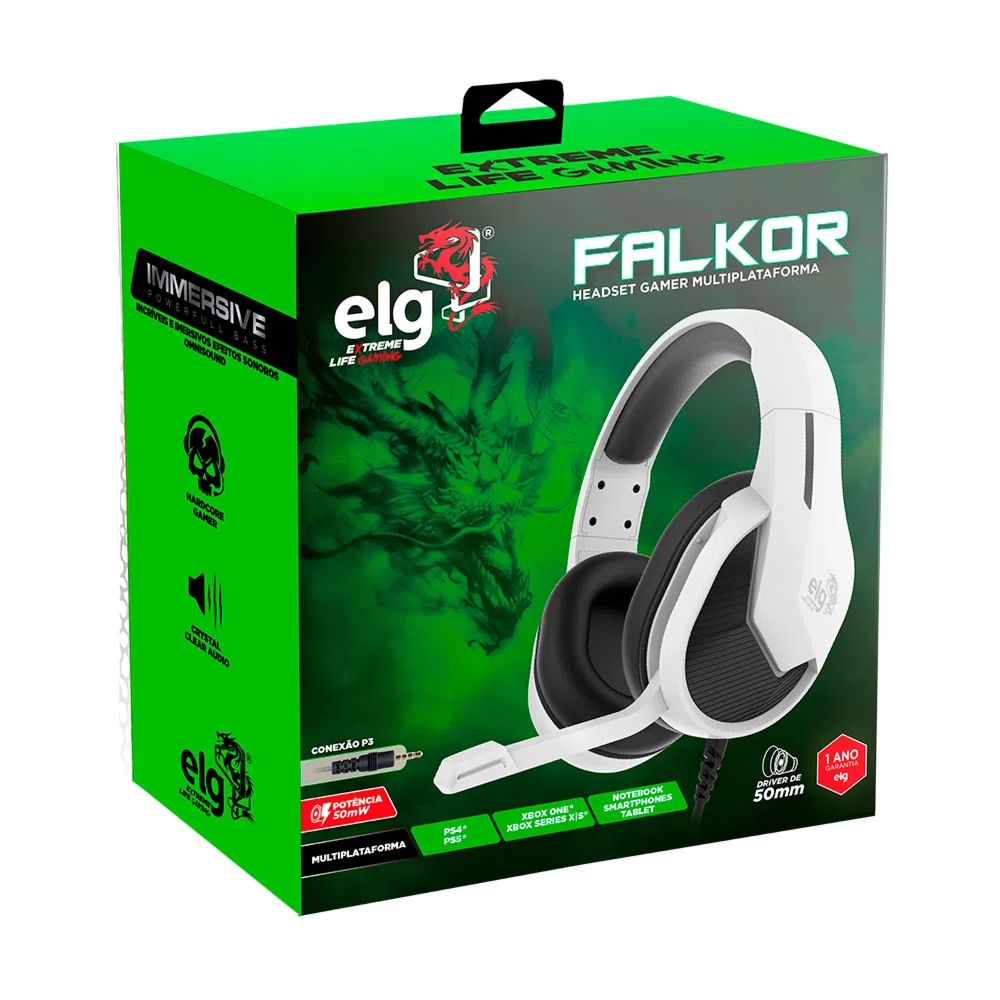 Headset Gamer Falkor HGFK P3 Branco - ELG - nivalmix