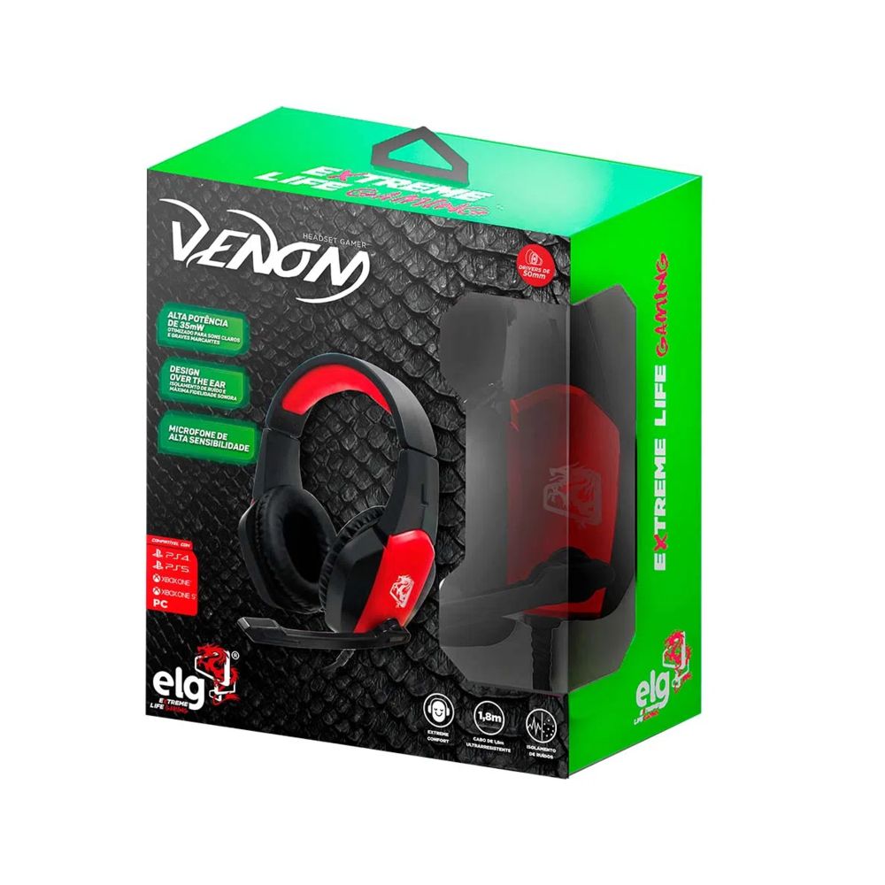 Headset Gamer Venom HGVN P3 Preto/Vermelho - ELG - nivalmix